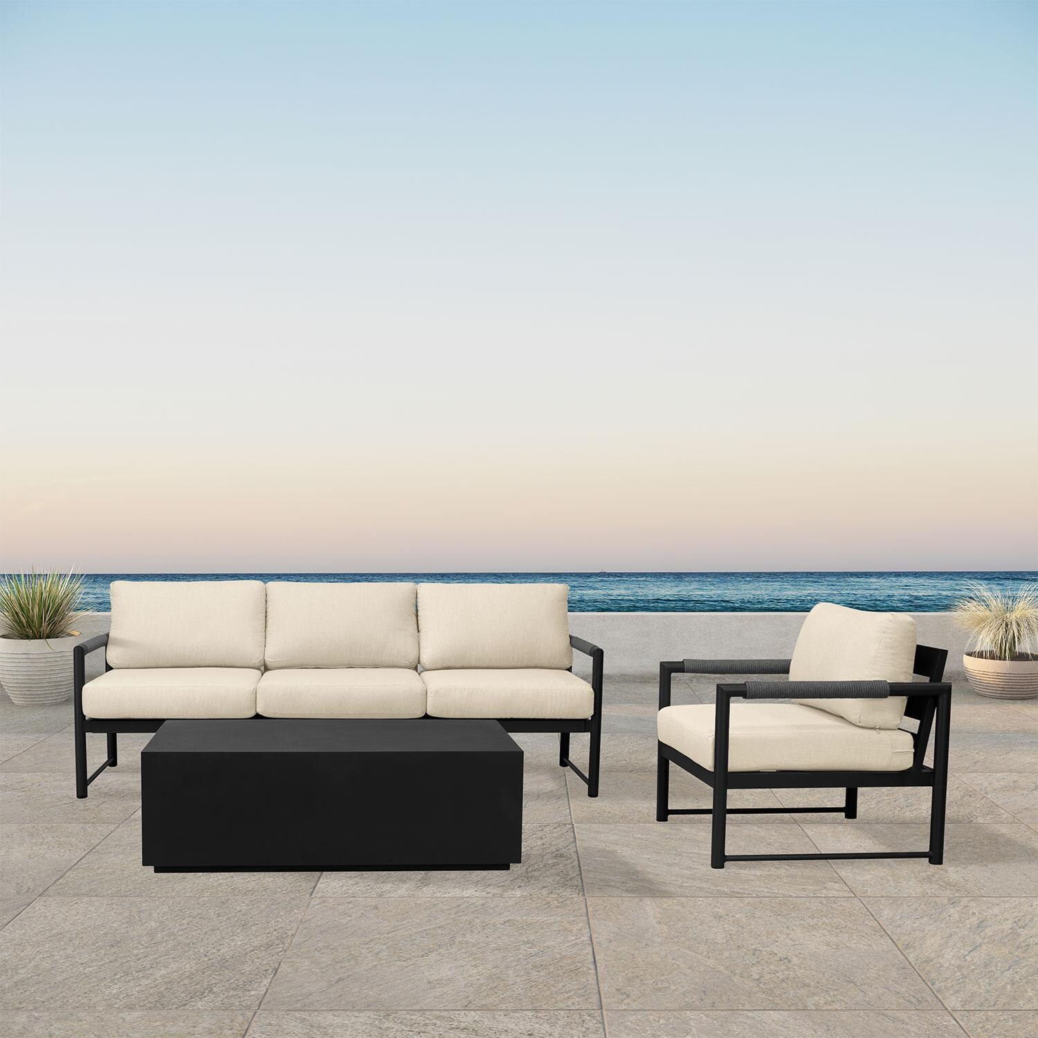 Avenue Bay 3 Pc Aluminum Sofa Set in Black/Canvas Flax by Lakeview ...