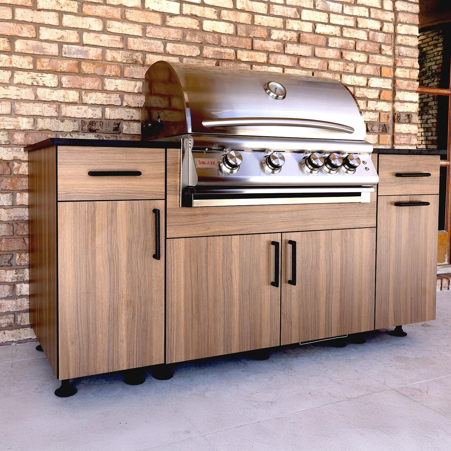 BBQGuys Signature Beech 6 Ft Outdoor Kitchen Island w/ Blaze Propane Grill in Noce Havana ...