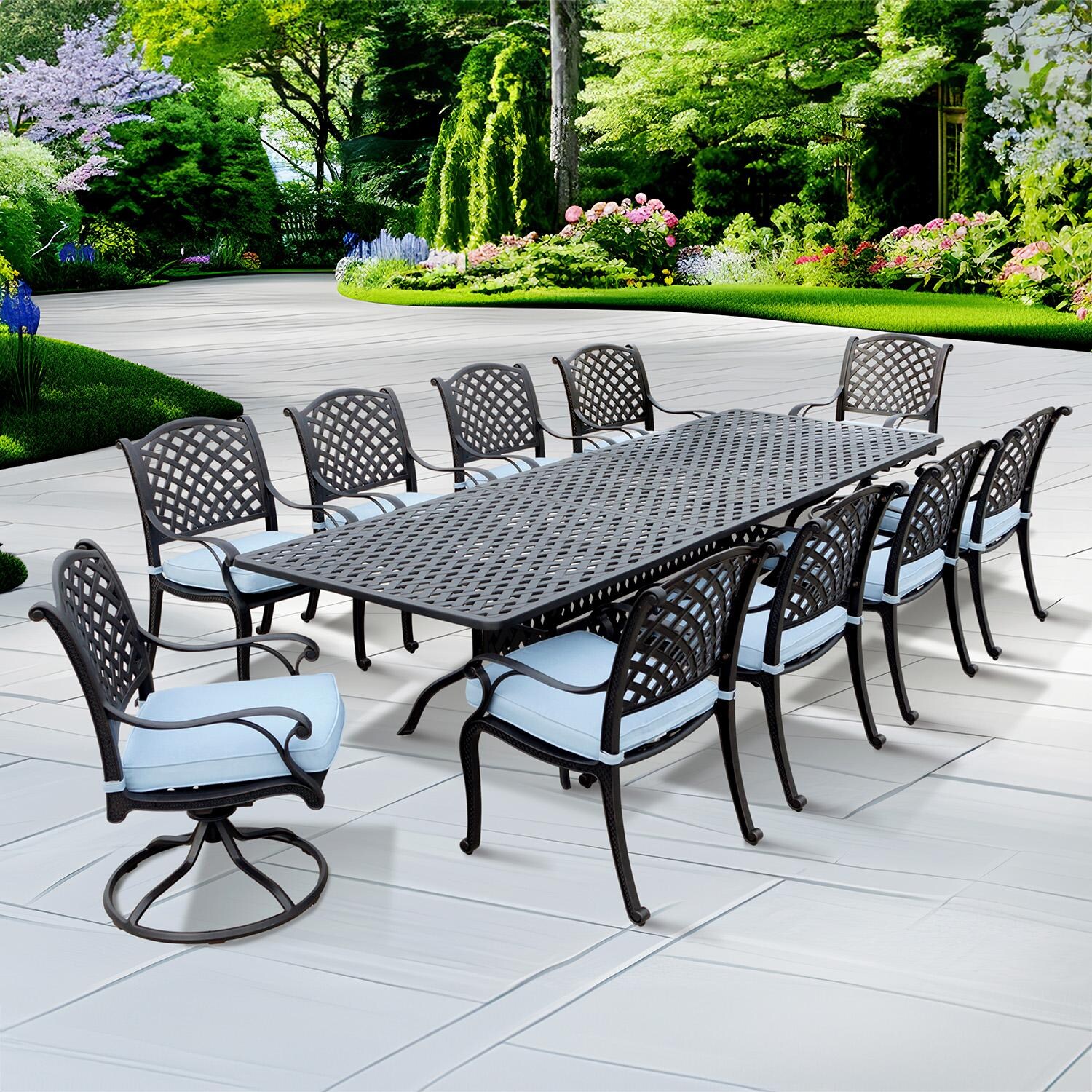 Nassau 11-Piece Patio Dining Set (with 2 Swivel Rockers) with Sky Blue ...