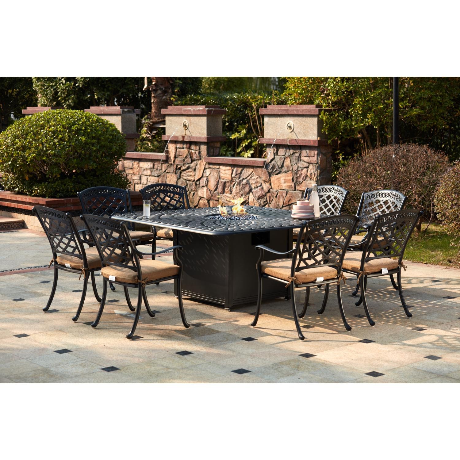 Sedona 9 Pc Cast Aluminum Fire Pit Dining Set w/ 64 Inch Square ...