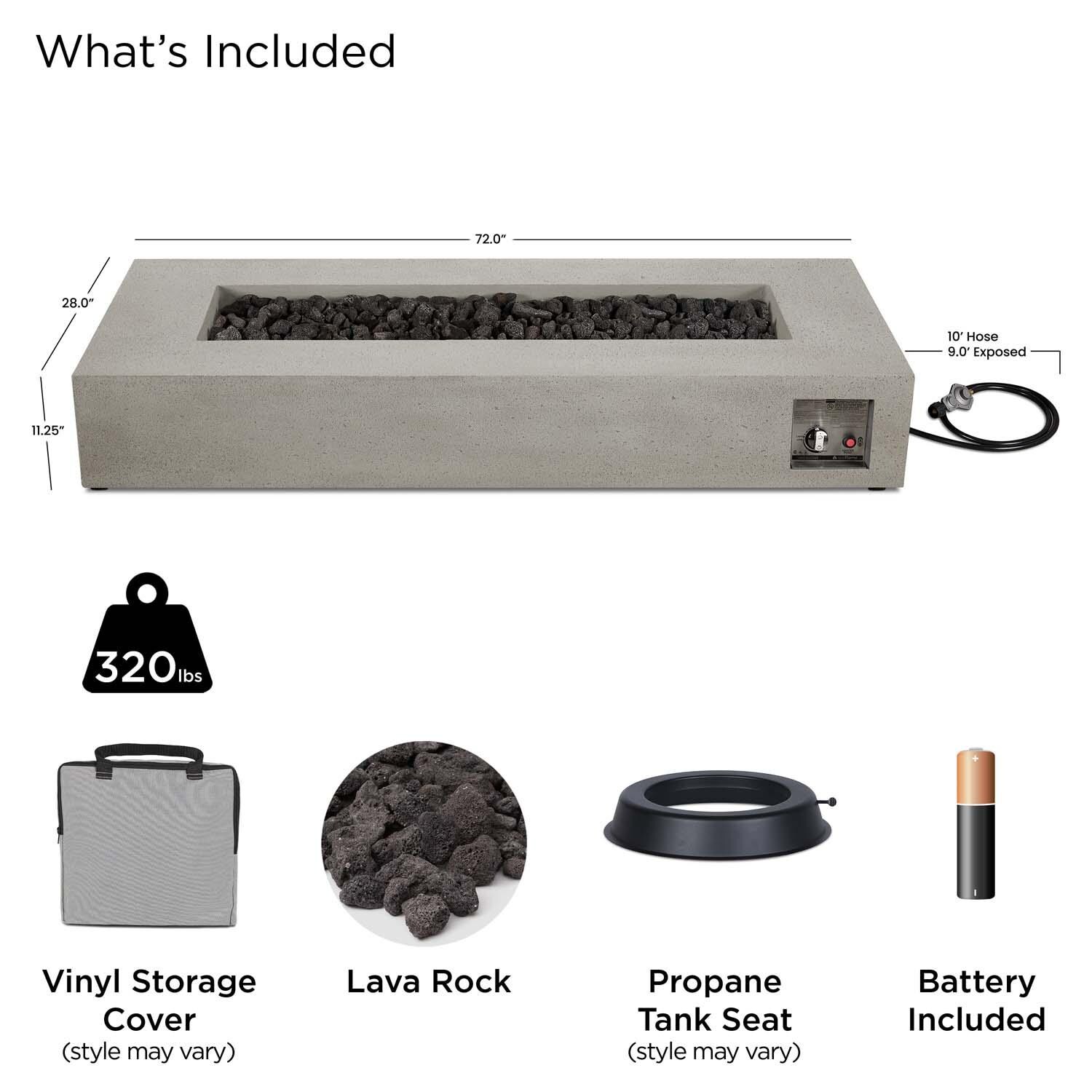 Hillview Bay 72 Inch Rectangular GFRC Propane Fire Pit Table in Flint ...