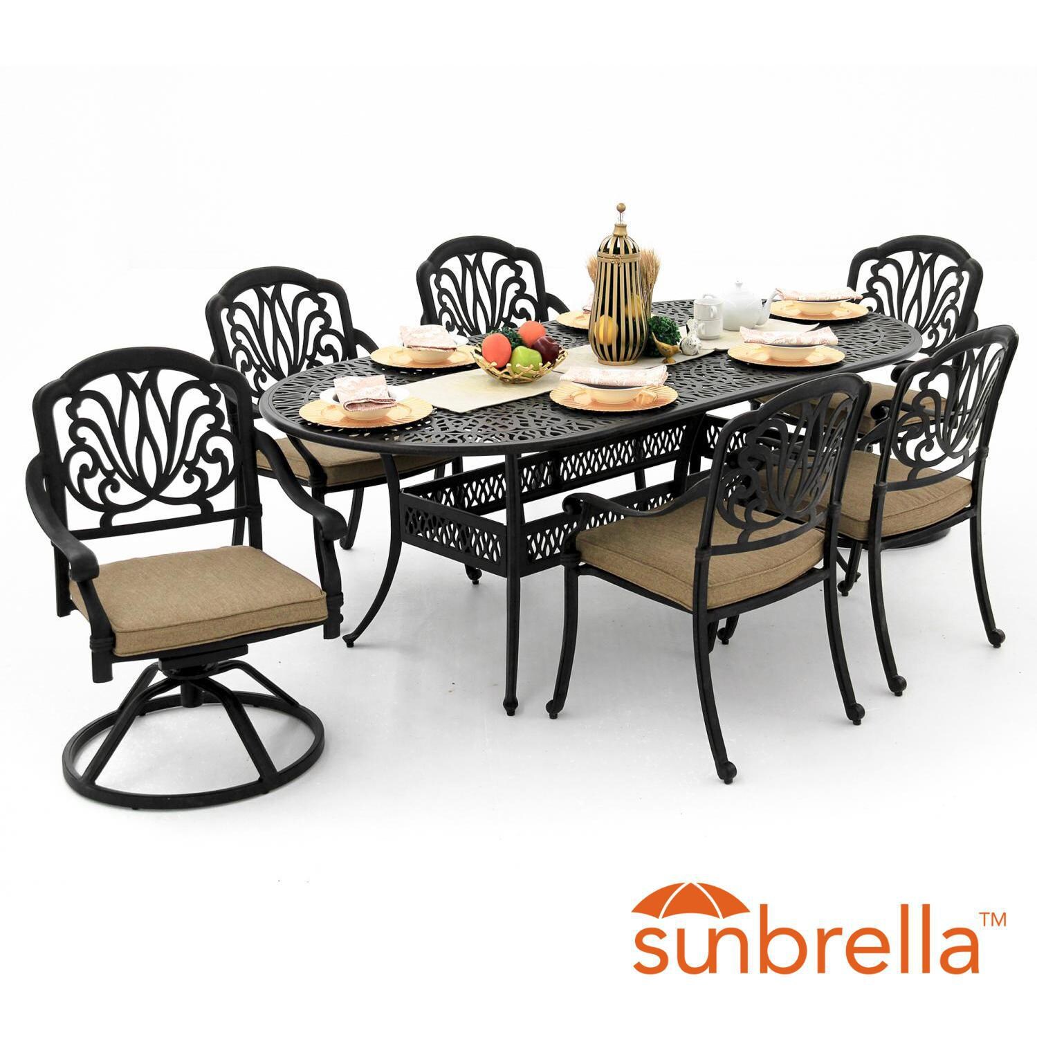 Rosedown 7 Piece Cast Aluminum Patio Dining Set With 2 Swivel Rockers ...