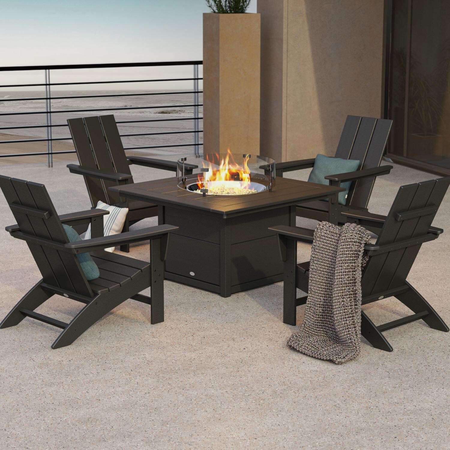 POLYWOOD Modern 5-Piece Adirondack Chair Conversation Set w/ Fire Pit ...