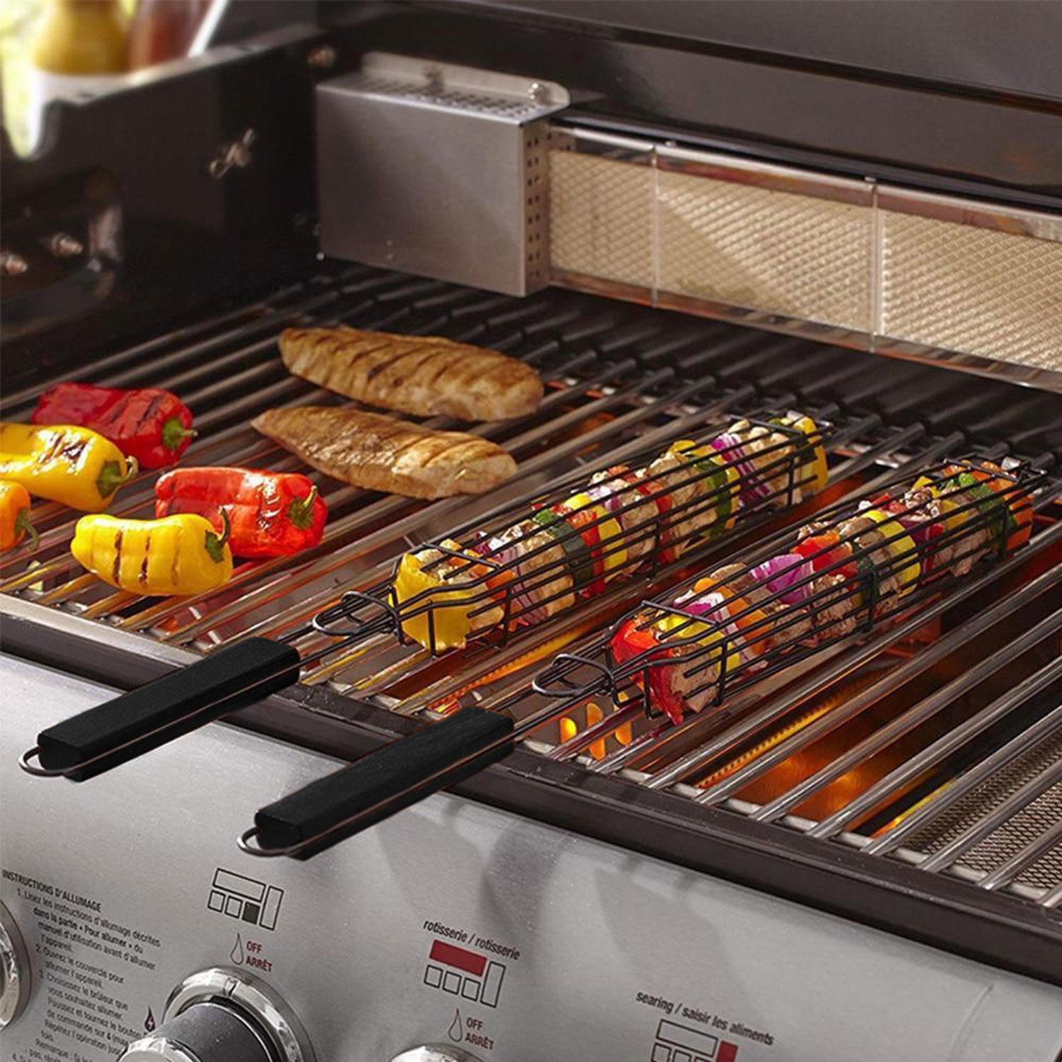 Outset Carbon Steel Black Non-Stick Kabob Basket W/ Handle - Set of 4 ...
