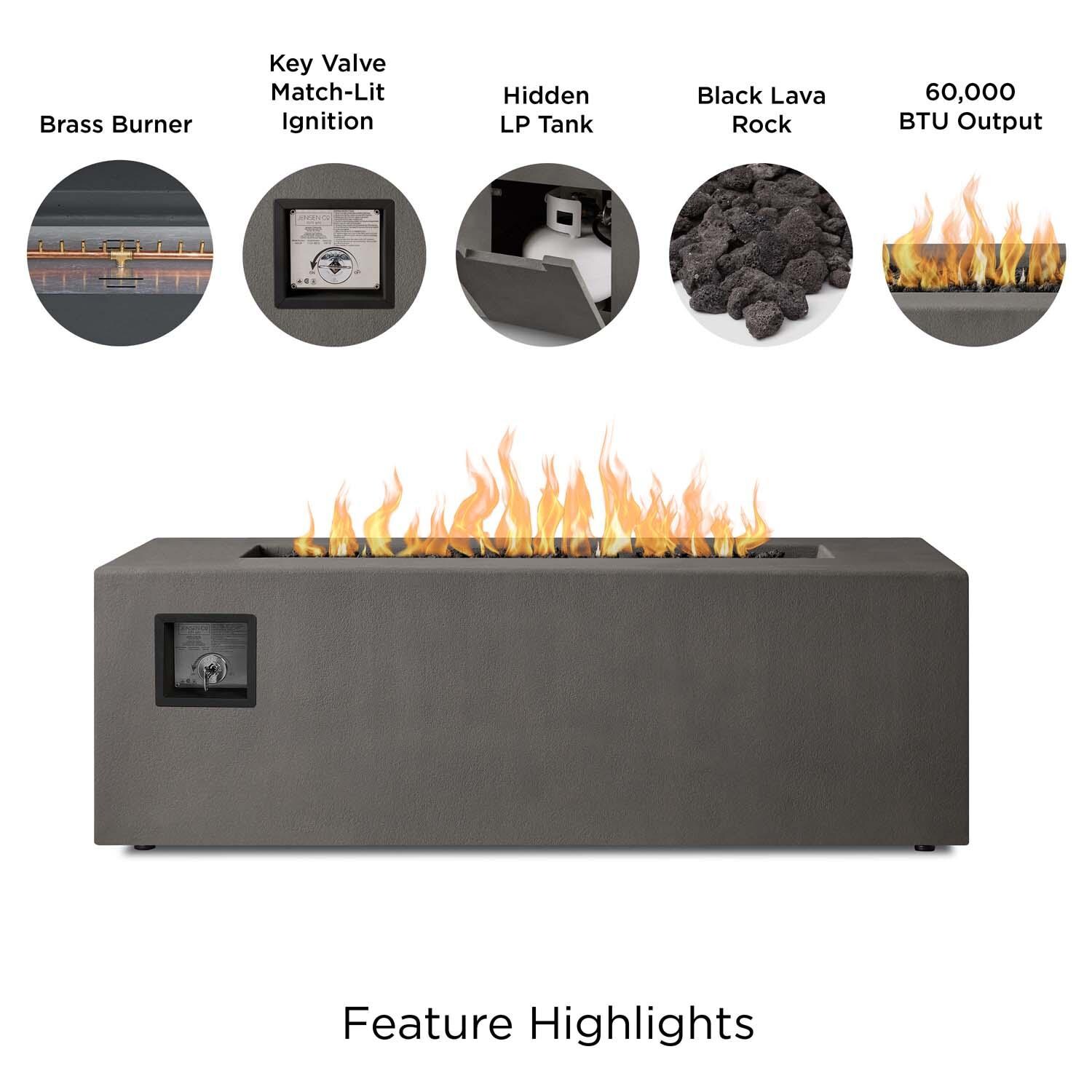 Olliewood 60 Inch Rectangular GFRC Propane Fire Pit Table in Carbon by ...