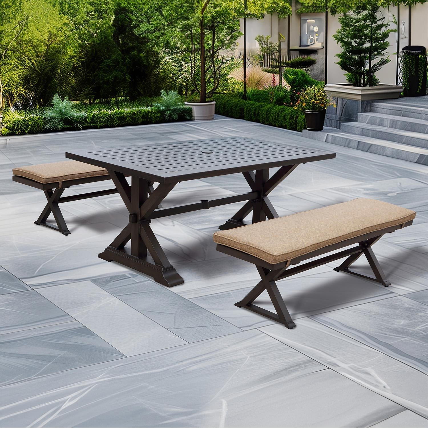 Brooklyn 3 Pc Aluminum Dining Set w/ 67 X 39 Inch Table & Benches in ...