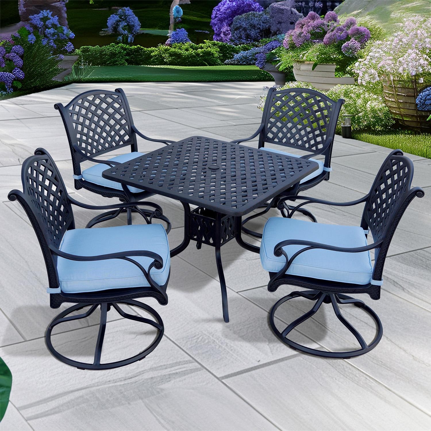 Nassau 5-Piece Patio Swivel Rocker Dining Set with Sky Blue Cushions ...