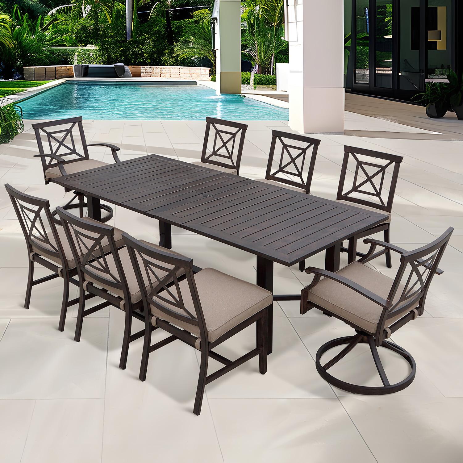 Atlantis 9 Pc Aluminum Dining Set w/ 91 Inch Table, Swivel Rockers, and ...