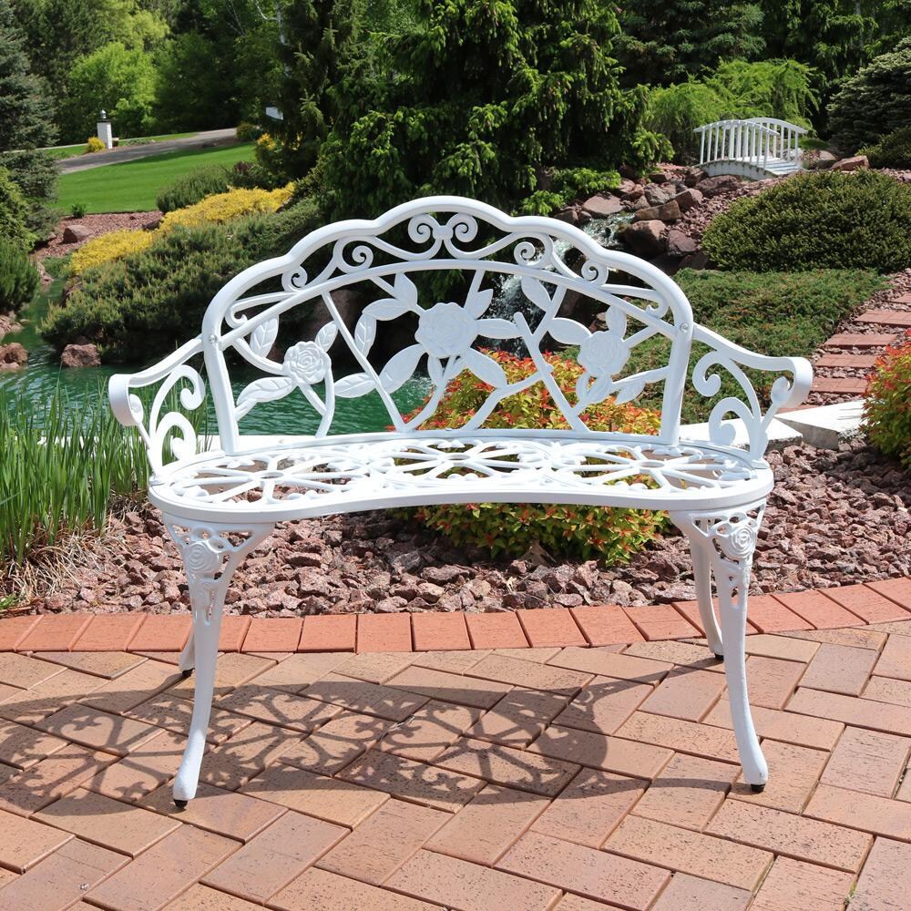Ultimate Patio 40-Inch Classic Rose Cast Aluminum Garden Bench - White ...