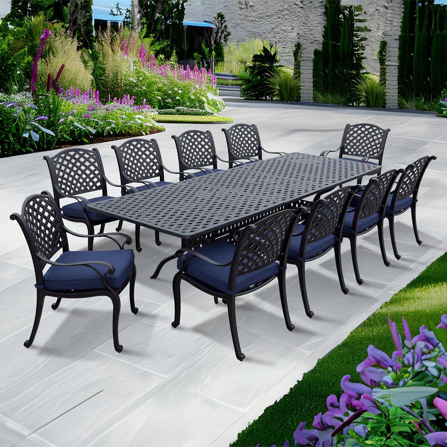 Nassau 11-Piece Patio Dining Set with Navy Blue Cushions and 42 X 120 ...