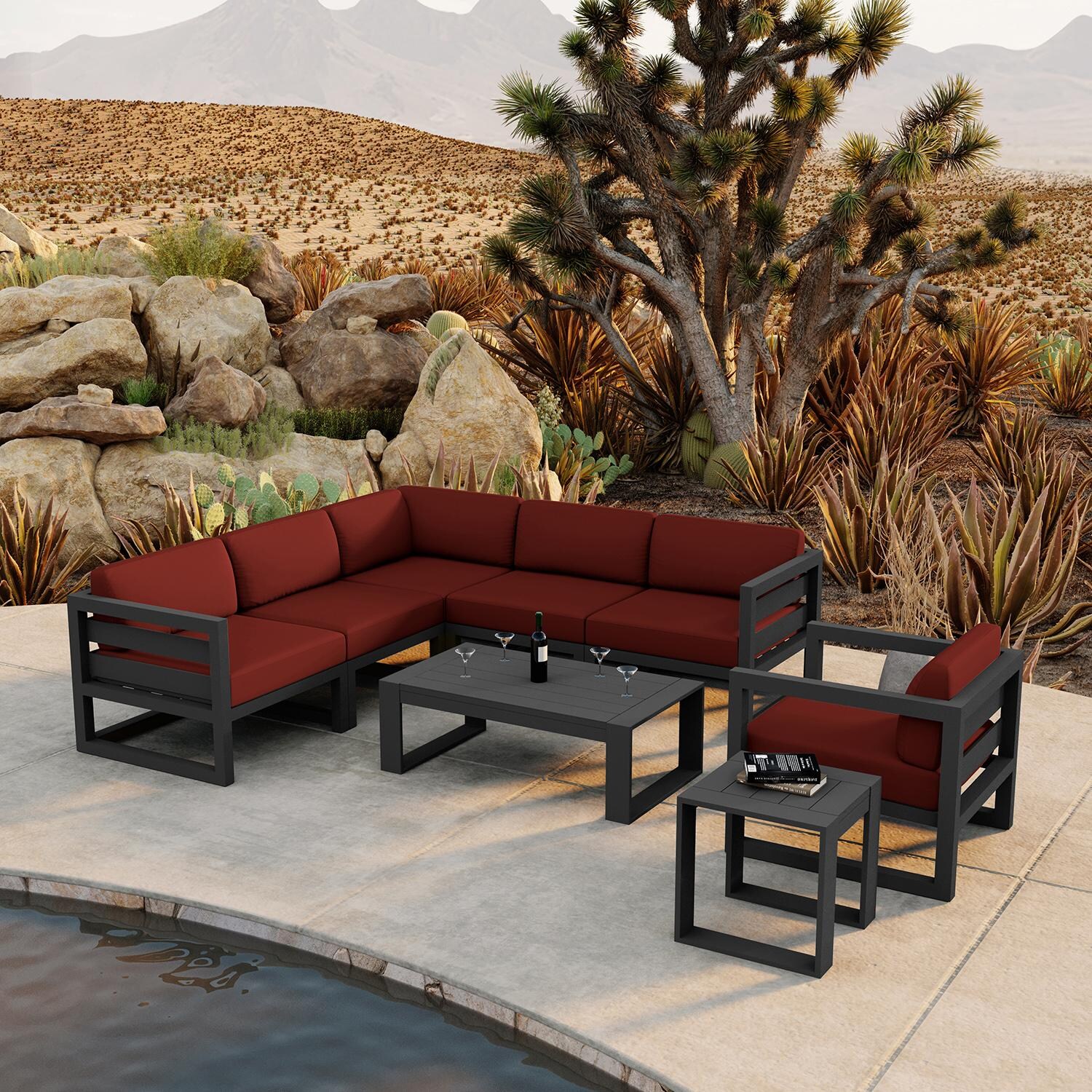 Misty Cove 8 Pc Aluminum Sectional Set in Slate W/ Canvas Henna ...