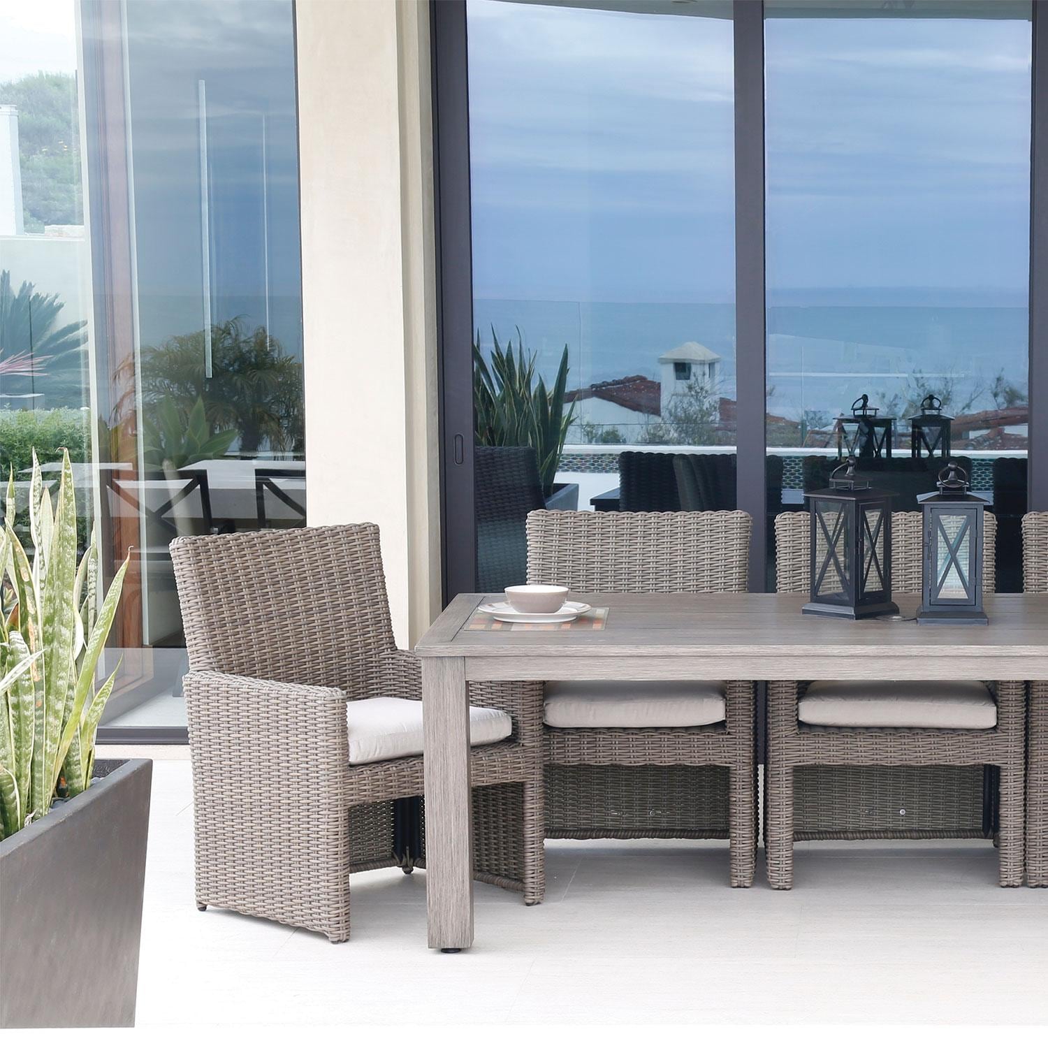 Coronado Wicker Patio Dining Arm Chair W/ Sunbrella Canvas Flax Cushion ...