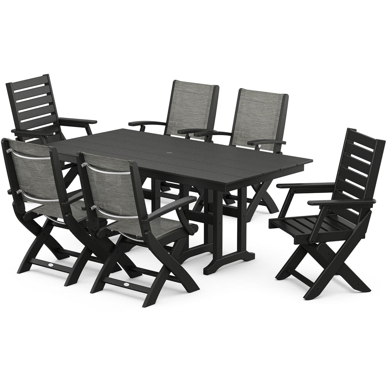 POLYWOOD x BBQGuys Creekside 7 Pc Recycled Plastic Dining Set W/ Onyx ...
