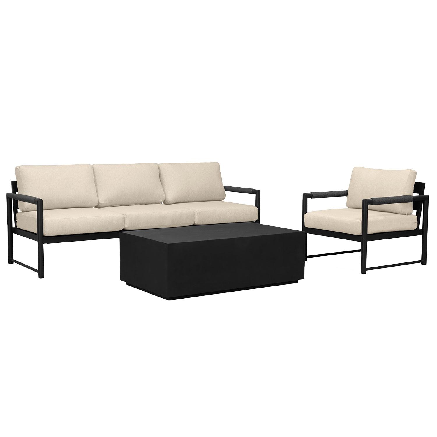 Avenue Bay 3 Pc Aluminum Sofa Set in Black/Canvas Flax by Lakeview ...