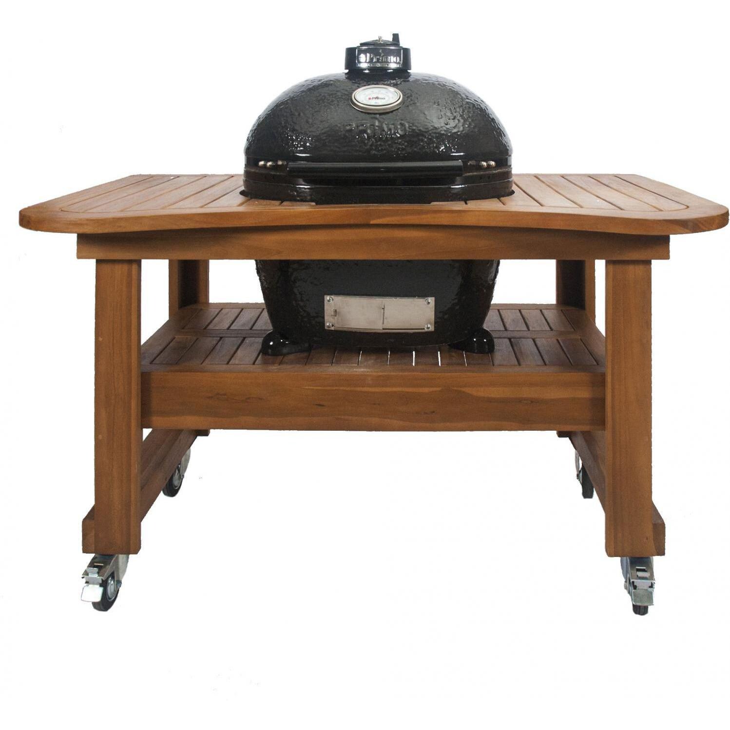 Primo Ceramic Charcoal Smoker Grill On Teak Table - Oval Large : BBQGuys