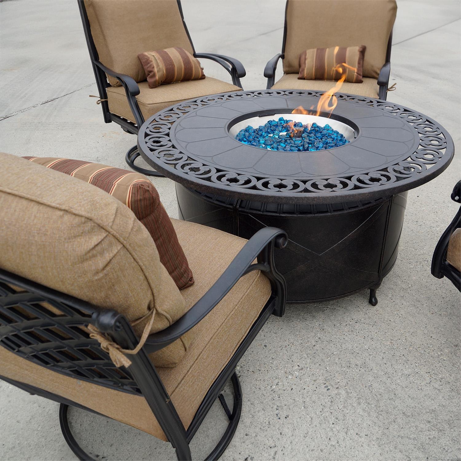 Nassau 5 Pc Cast Aluminum Fire Pit Seating Set w/ 47 Inch Table w/ Swivel Rockers & Throw ...