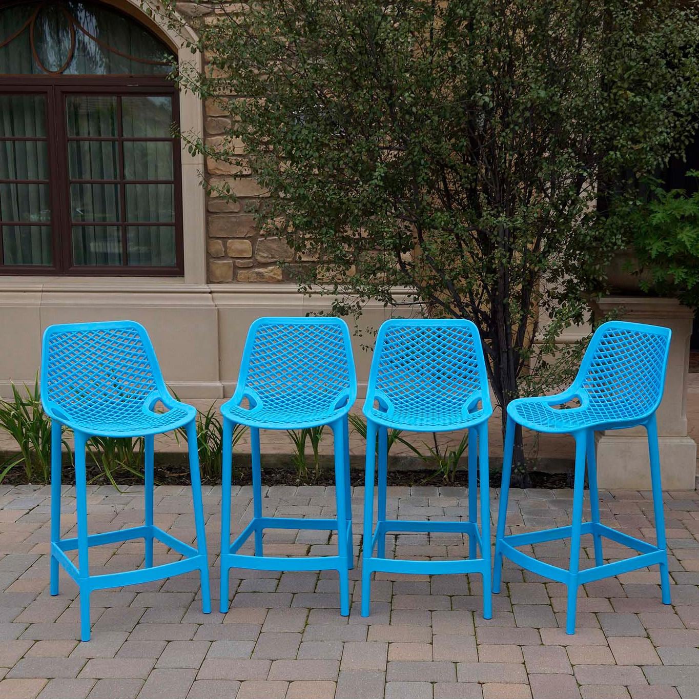 Darlee All Space Polyresin 4 PC Set Armless Counter Height Bar Stool Set in Santorini Blue by B 2380 7CH 4 SANTORINIBLUE