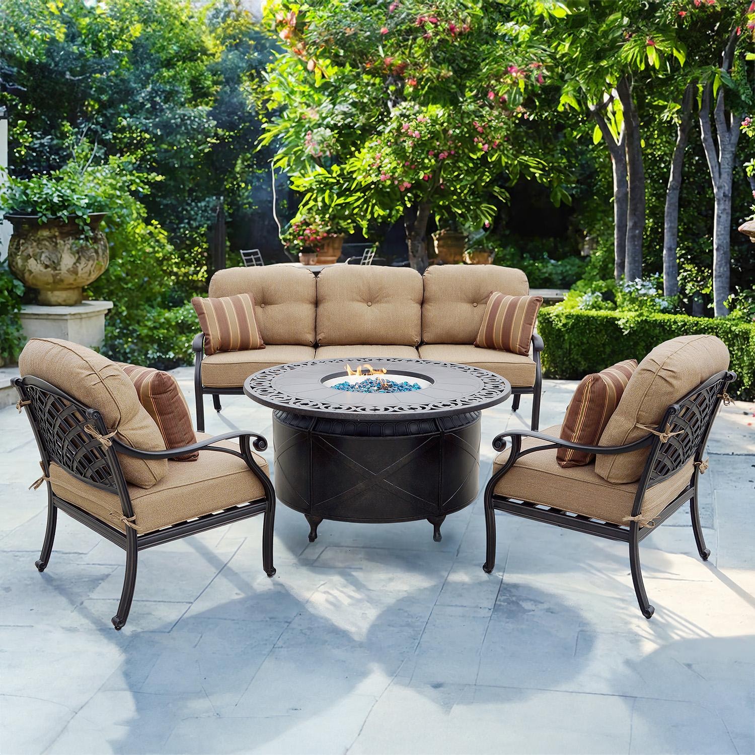 Nassau 4-Piece Patio Propane Fire Pit Sofa Conversation Set with ...