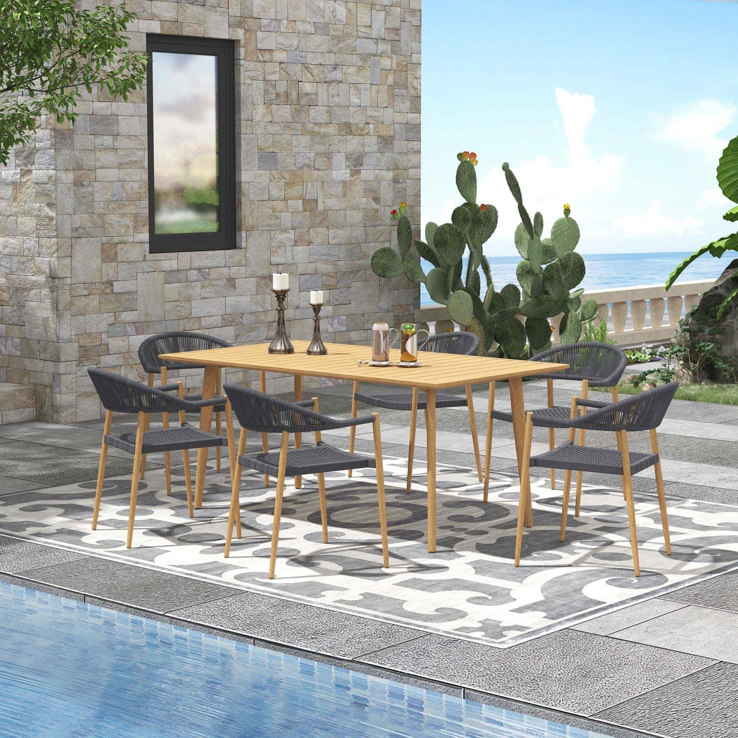 Eden Isle 7 Pc Aluminum Dining Set in Natural Wood by Lakeview Outdoor ...