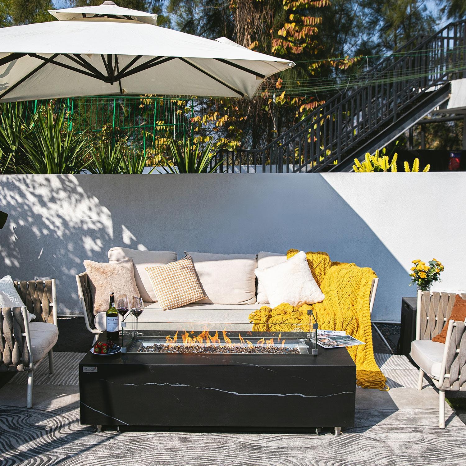 Varna 60-in Rectangular Porcelain Propane Fire Pit in Black by Elementi ...
