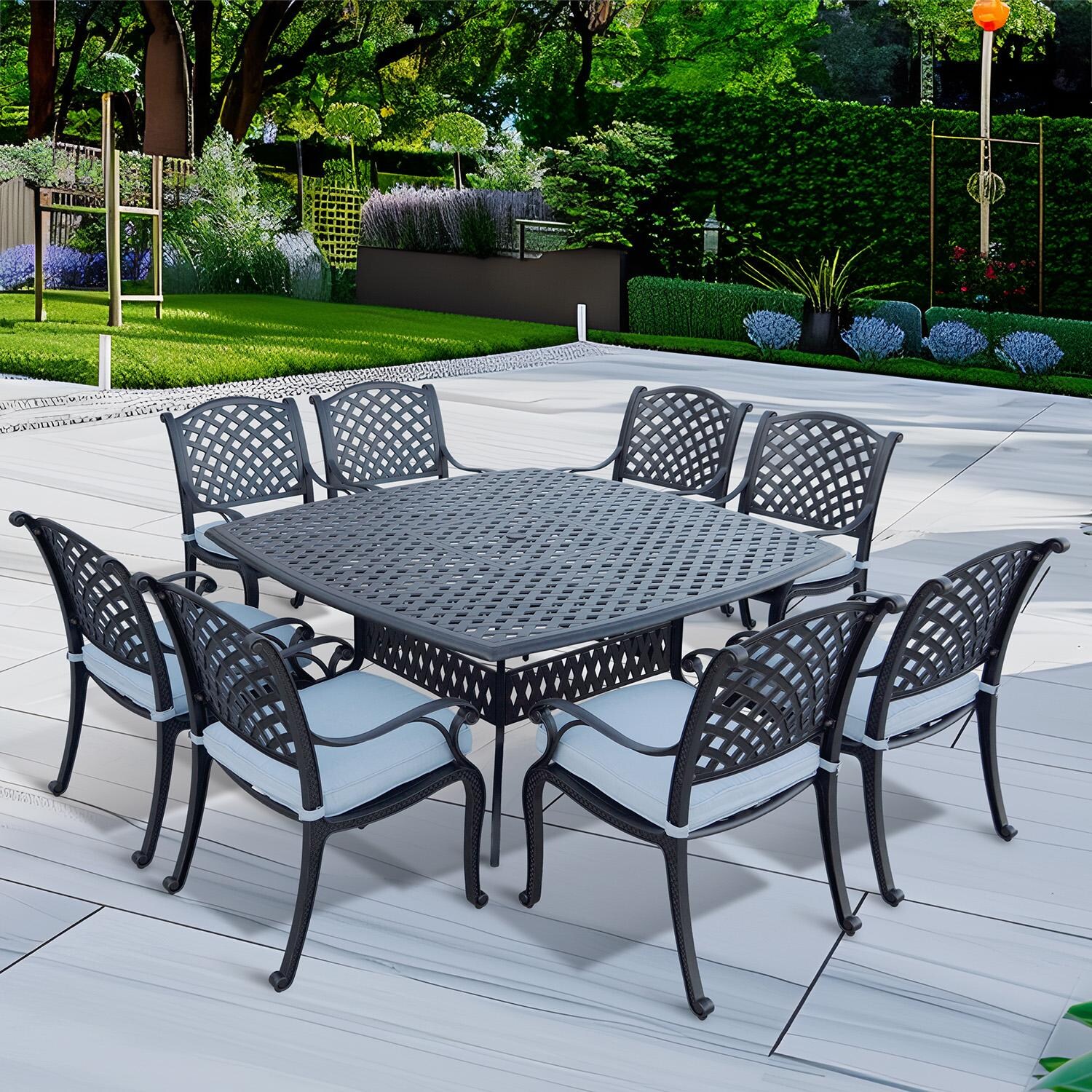 Nassau 9-Piece Patio Dining Set with Sky Blue Cushions and 64 Inch ...