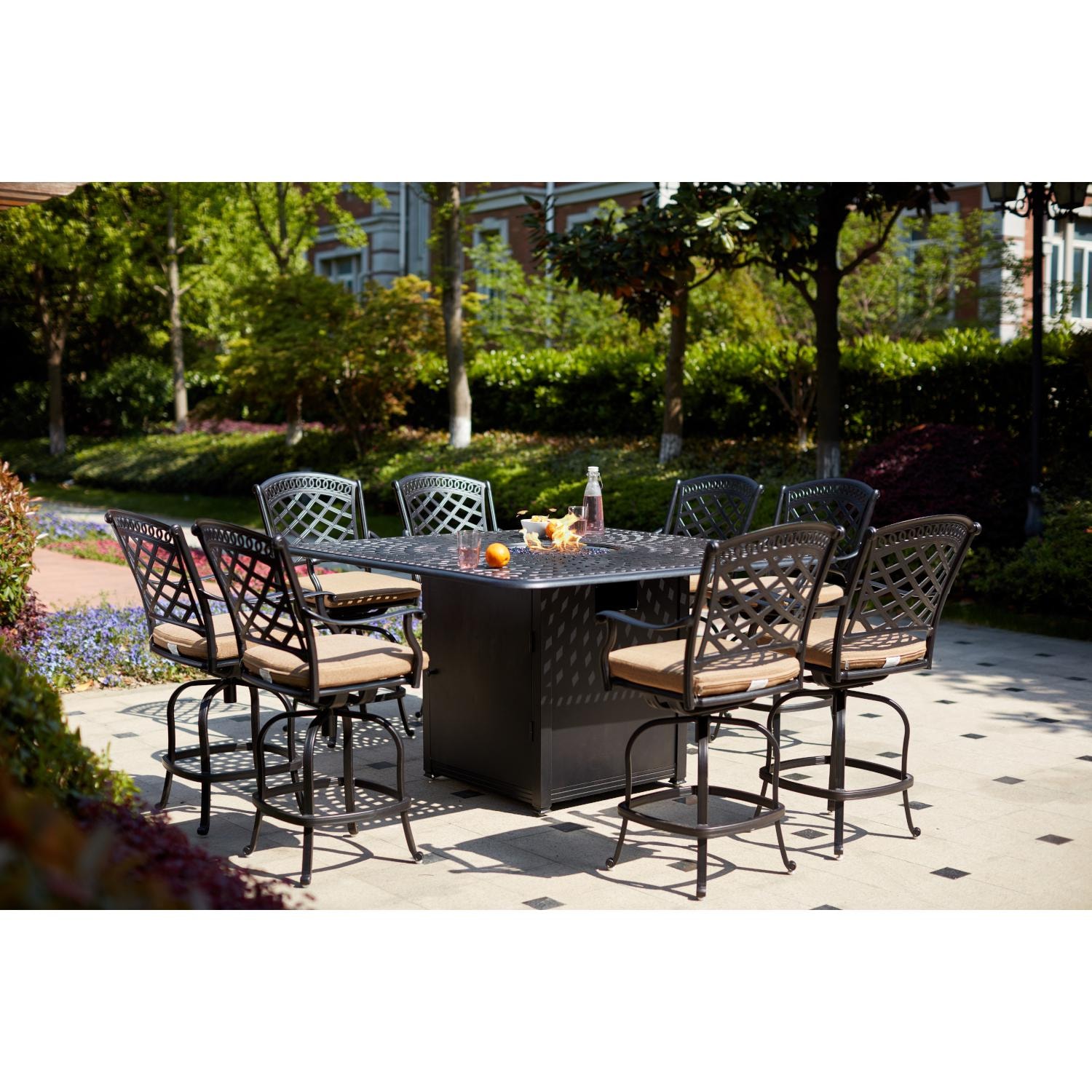 Sedona 9 Pc Cast Aluminum Counter Height Fire Pit Dining Set w/ 64 Inch ...