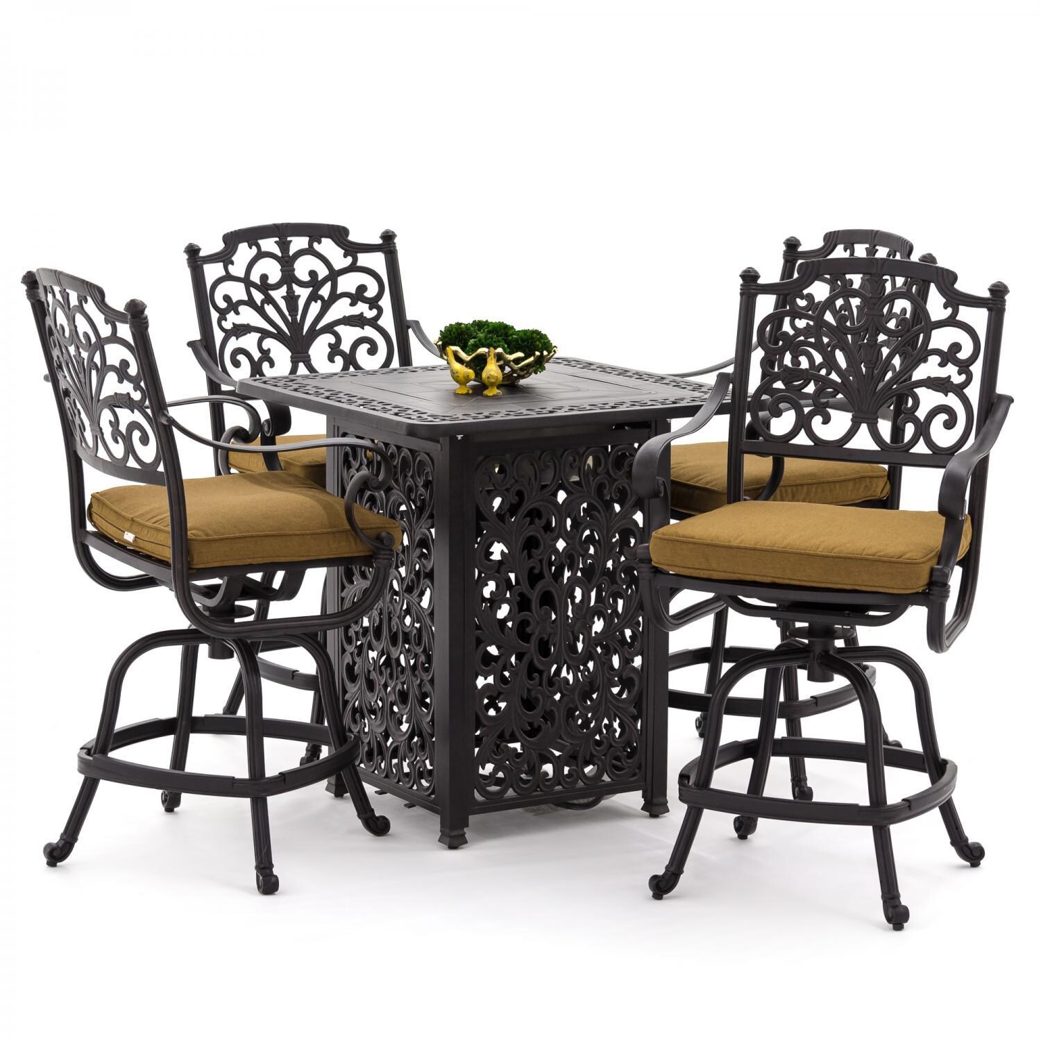 Evangeline 5 Piece Cast Aluminum Patio Counter Height Bar Set W/ Fire ...