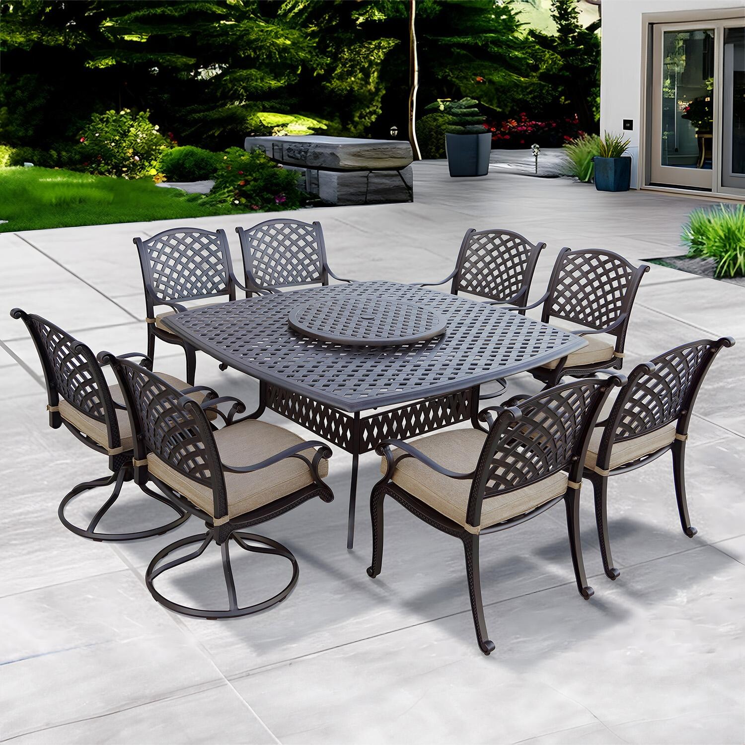 Nassau 9-Piece Patio Dining Set (with Swivel Rockers) with Sesame ...