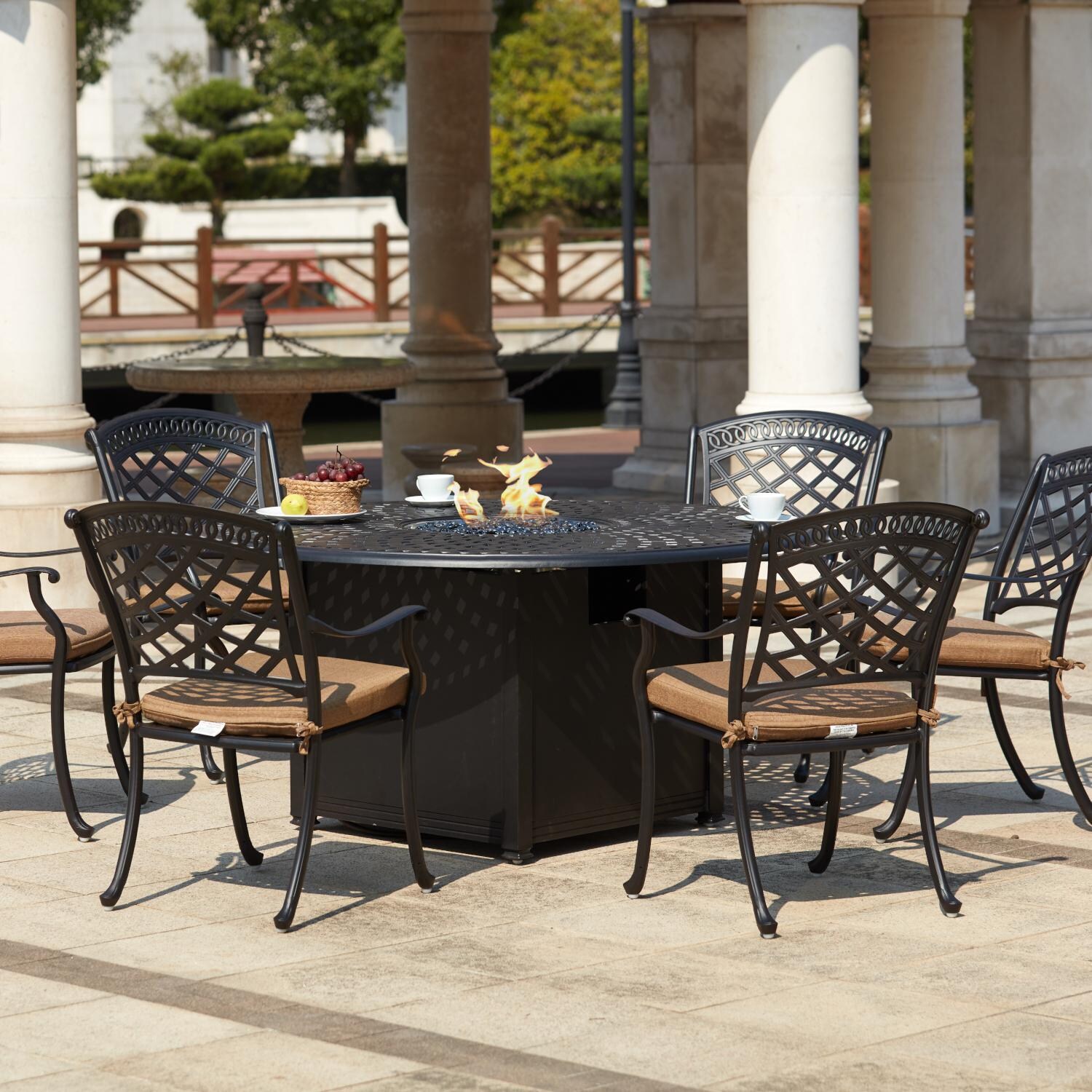 Darlee Sedona 7 Piece Cast Aluminum Patio Fire Pit Dining Set W/ 60 ...