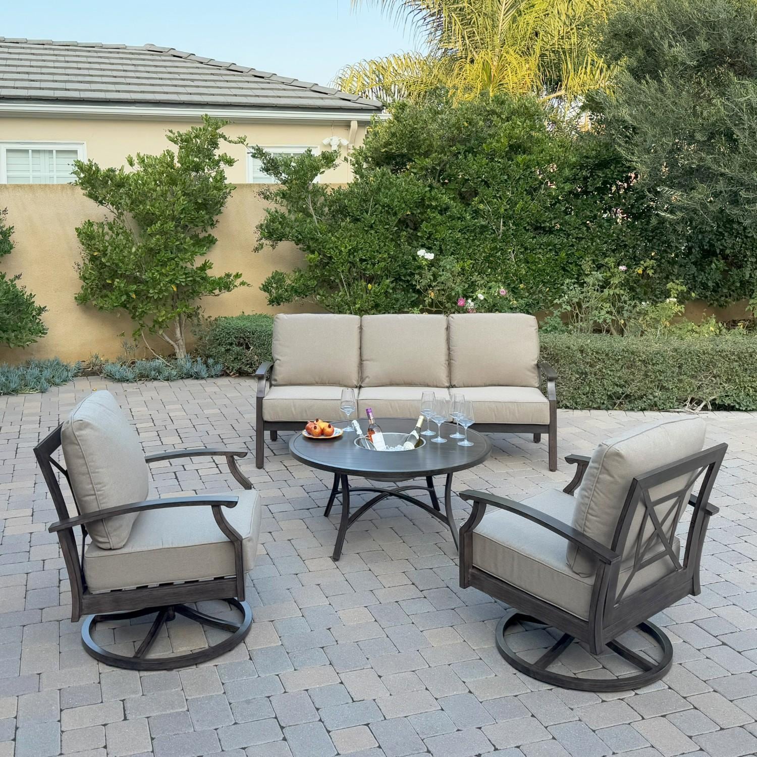 Atlantis 4 Pc Aluminum Seating Set w/ Sofa, 2 Swivel Rocker Club Chairs ...