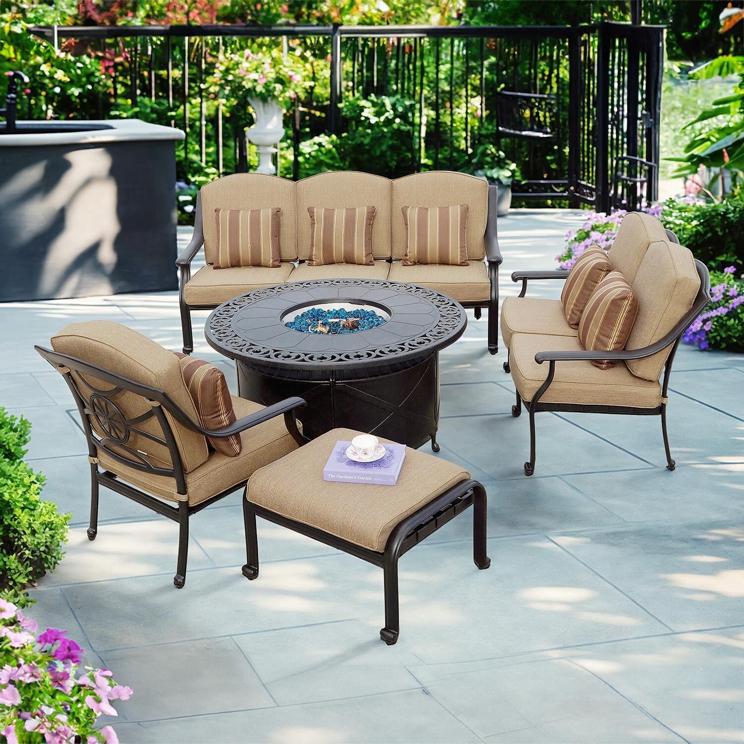 Ten Star 5-Piece Patio Propane Fire Pit Deep Seating Set with Cushions ...