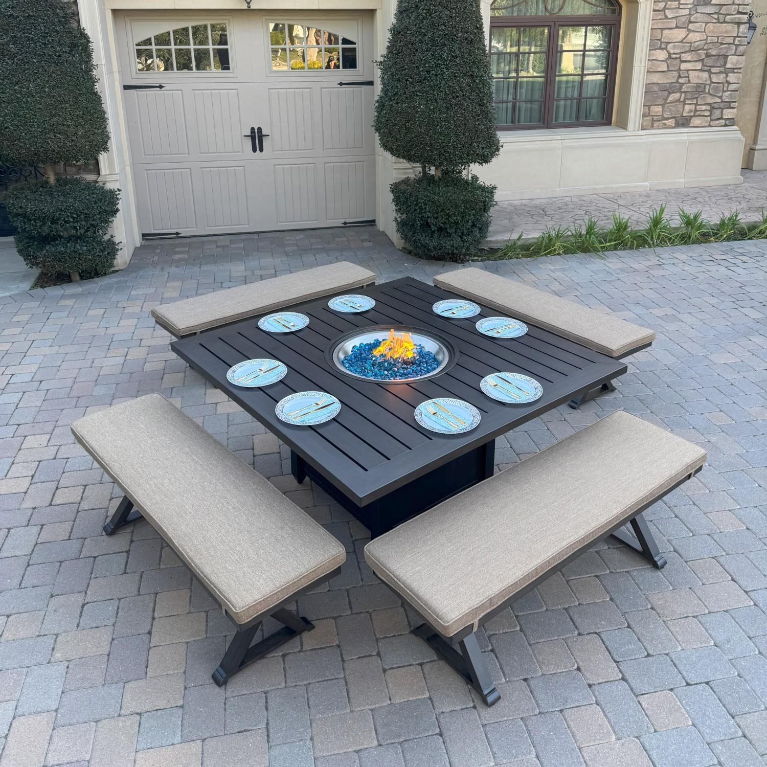 Brooklyn 5 Pc 60 Inch Aluminum Fire Pit Dining Set in Multi Brown by ...