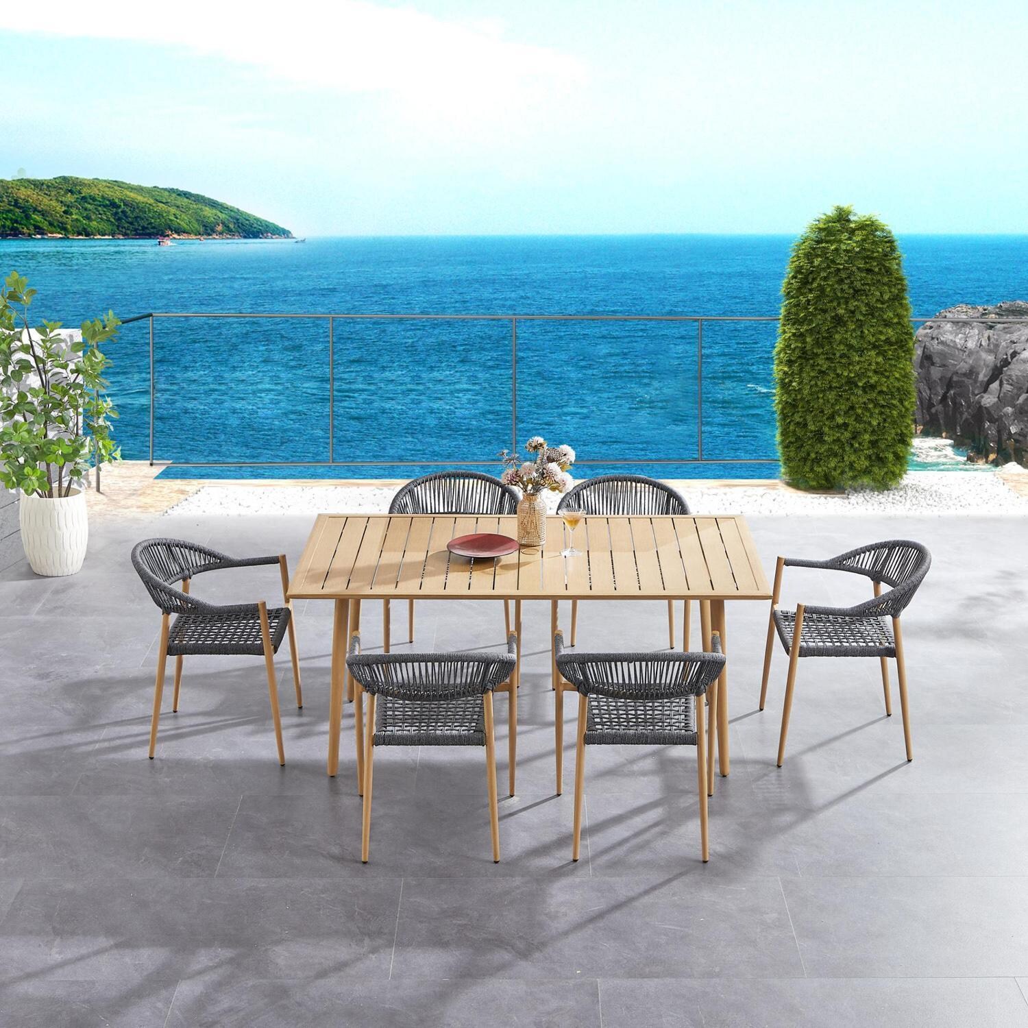 Eden Isle 7 Pc Aluminum Dining Set in Natural Wood by Lakeview Outdoor ...