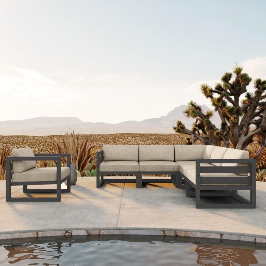 Misty Cove 6 Pc Aluminum Seating Set w/ Sectional in Slate/Canvas Flax ...