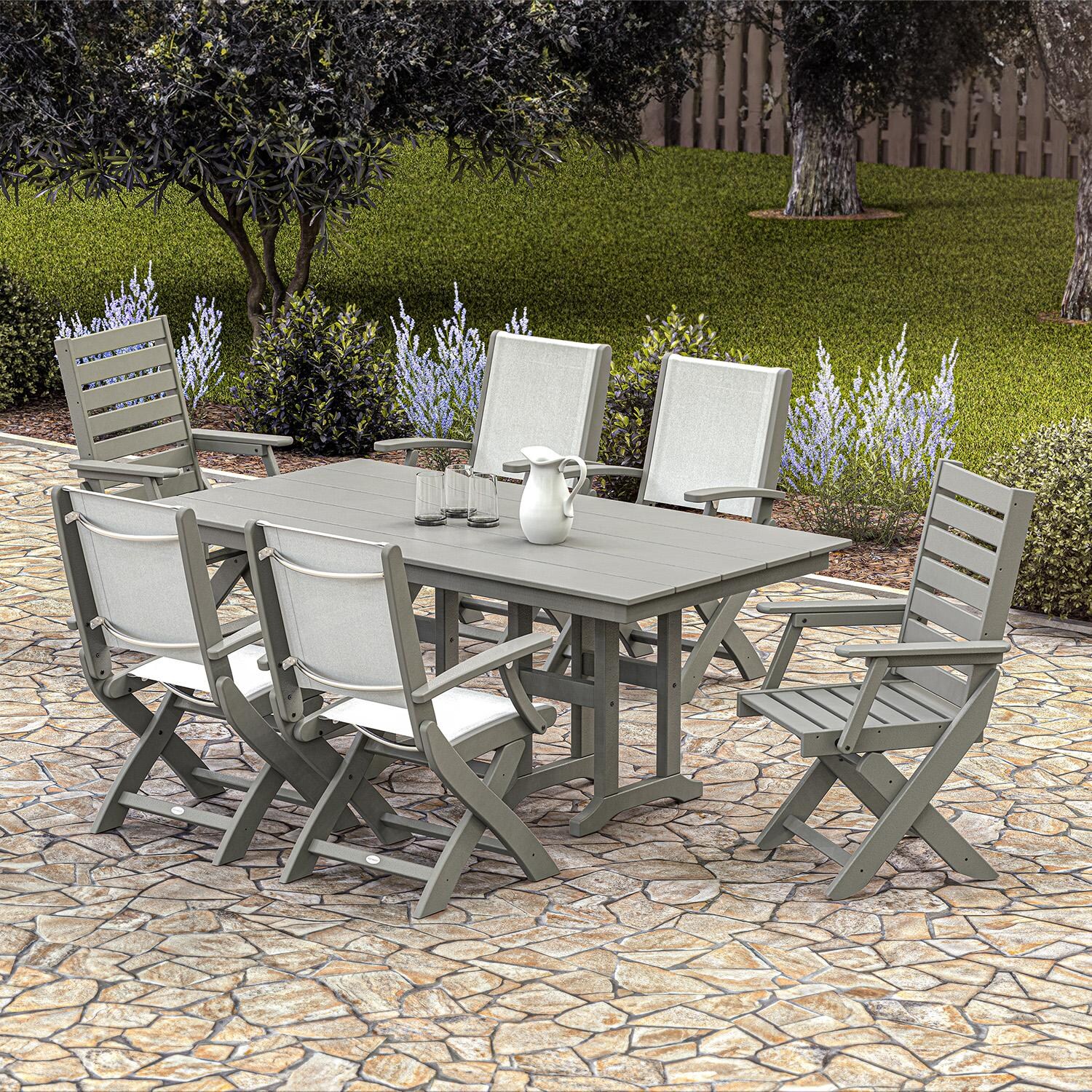 POLYWOOD x BBQGuys Creekside 7 Pc Recycled Plastic Dining Set W/ White ...