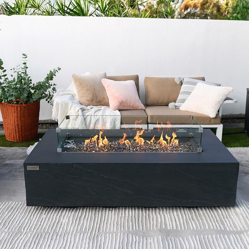 Cape Town 56 Inch Rectangular Concrete Natural Gas Fire Pit Table in Slate Black By Elementi ...