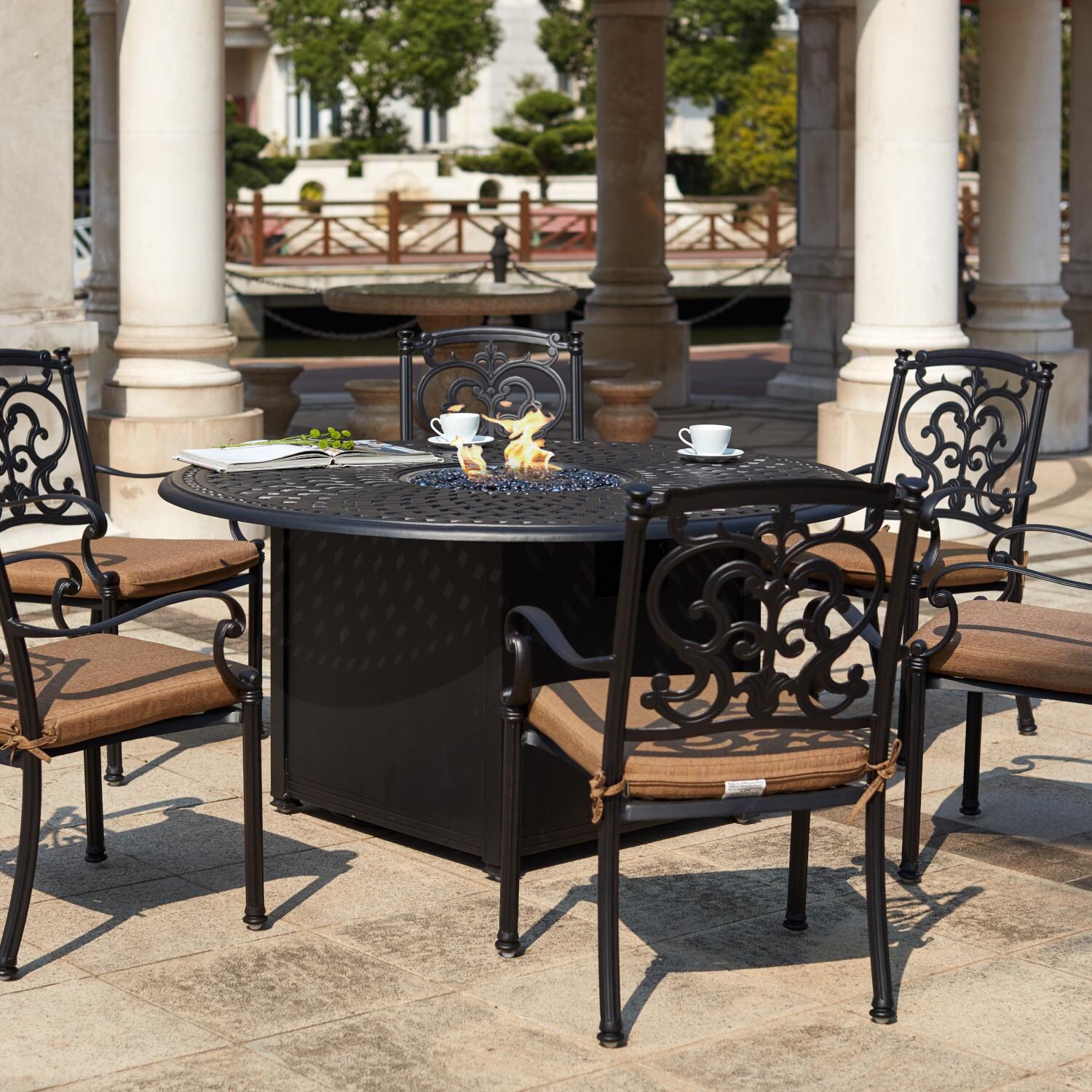 Darlee Santa Barbara 7 Piece Cast Aluminum Patio Fire Pit Dining Set W ...
