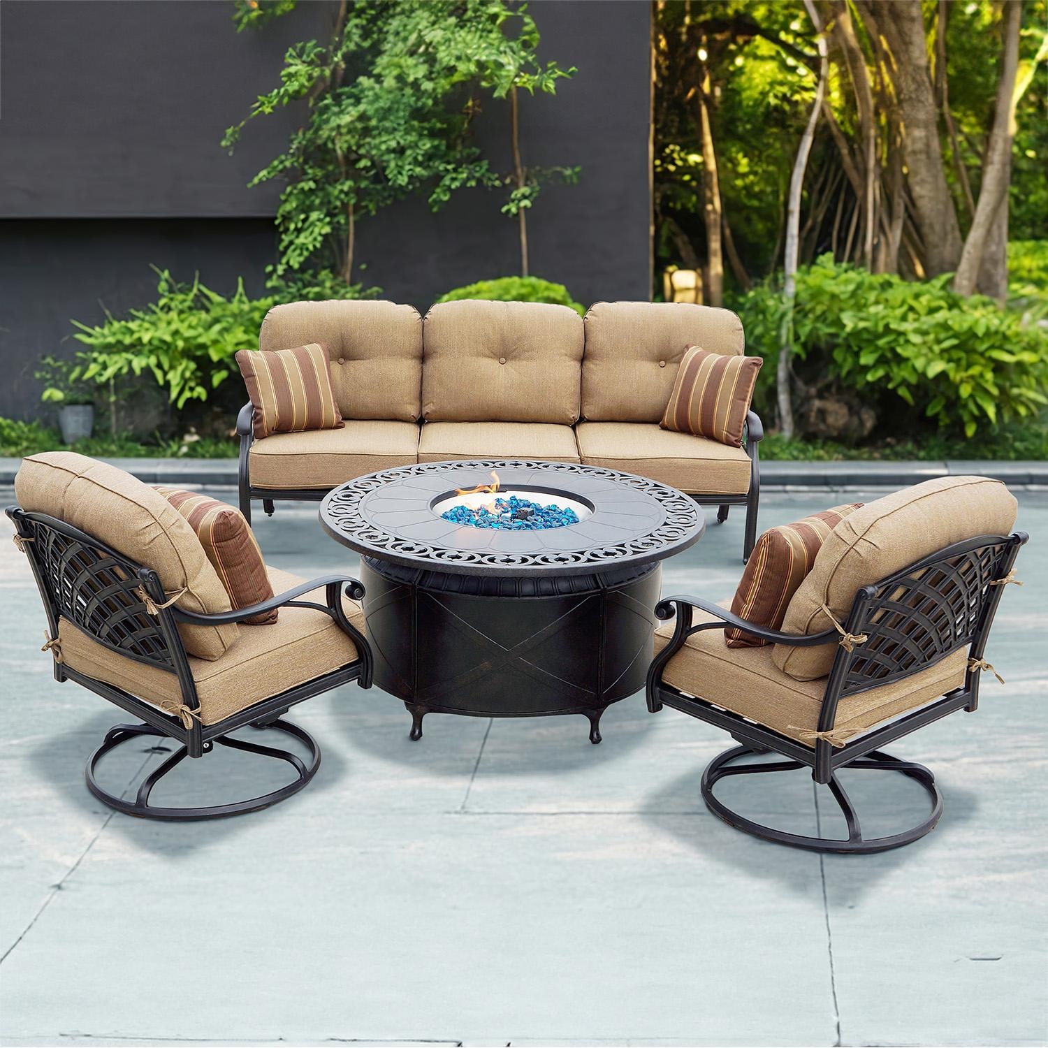 Nassau 4-Piece Patio Propane Fire Pit Sofa Conversation Set (with 2 ...