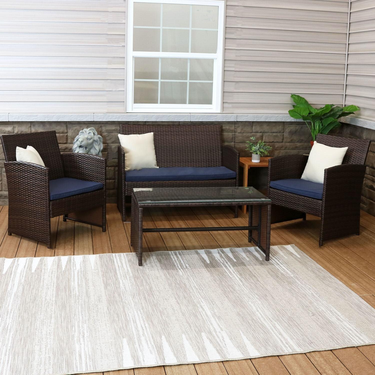 Ultimate Patio 4-Piece Patio Set - Mixed Brown Rattan W/ Navy Cushions ...