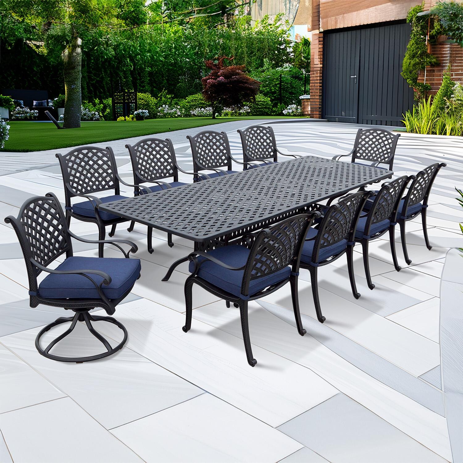 Nassau 11-Piece Patio Dining Set (with 2 Swivel Rockers) with Navy Blue ...