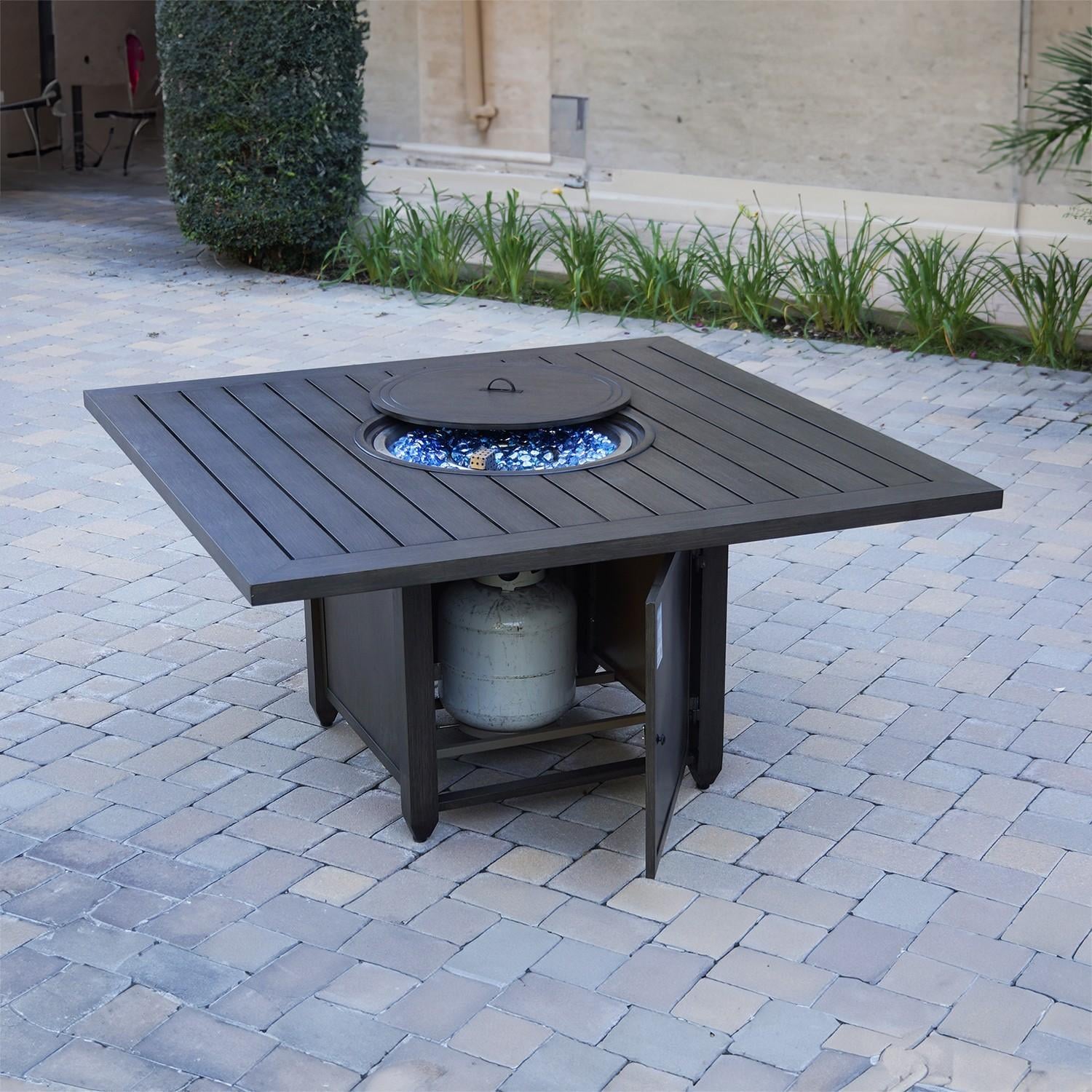 Brooklyn 8 Pc 60 Inch Aluminum Fire Pit Dining Set in Multi Brown by ...