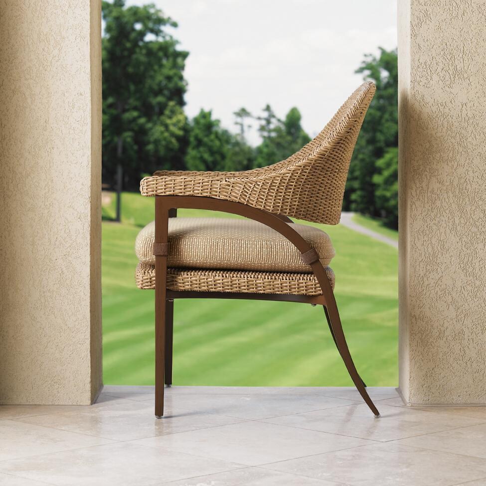 Aviano Wicker Patio Dining Arm Chair W/ Sunbrella Desert Camel Fabric ...