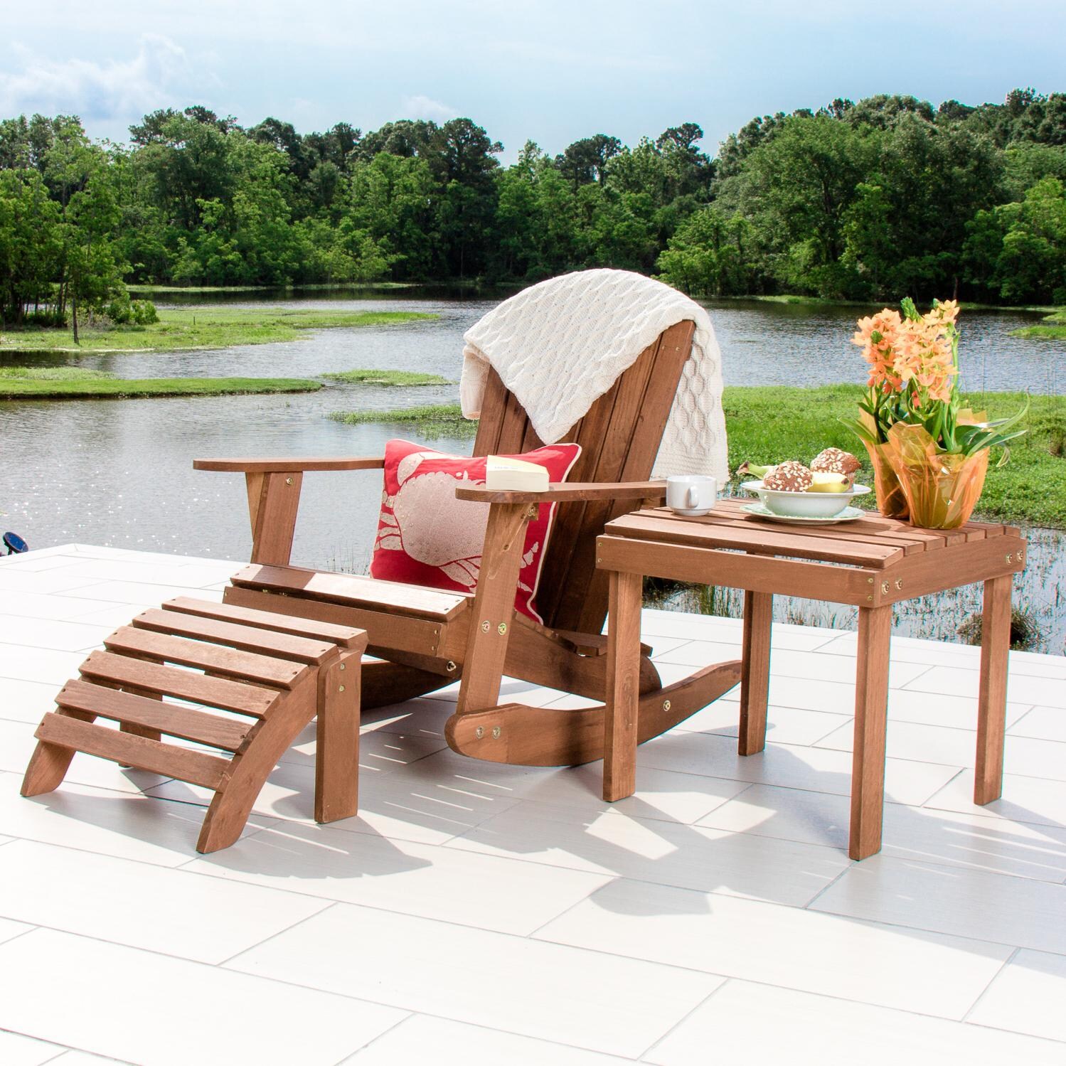 Pelican Hill Wood Adirondack Patio Rocking Chair With Ottoman And End ...