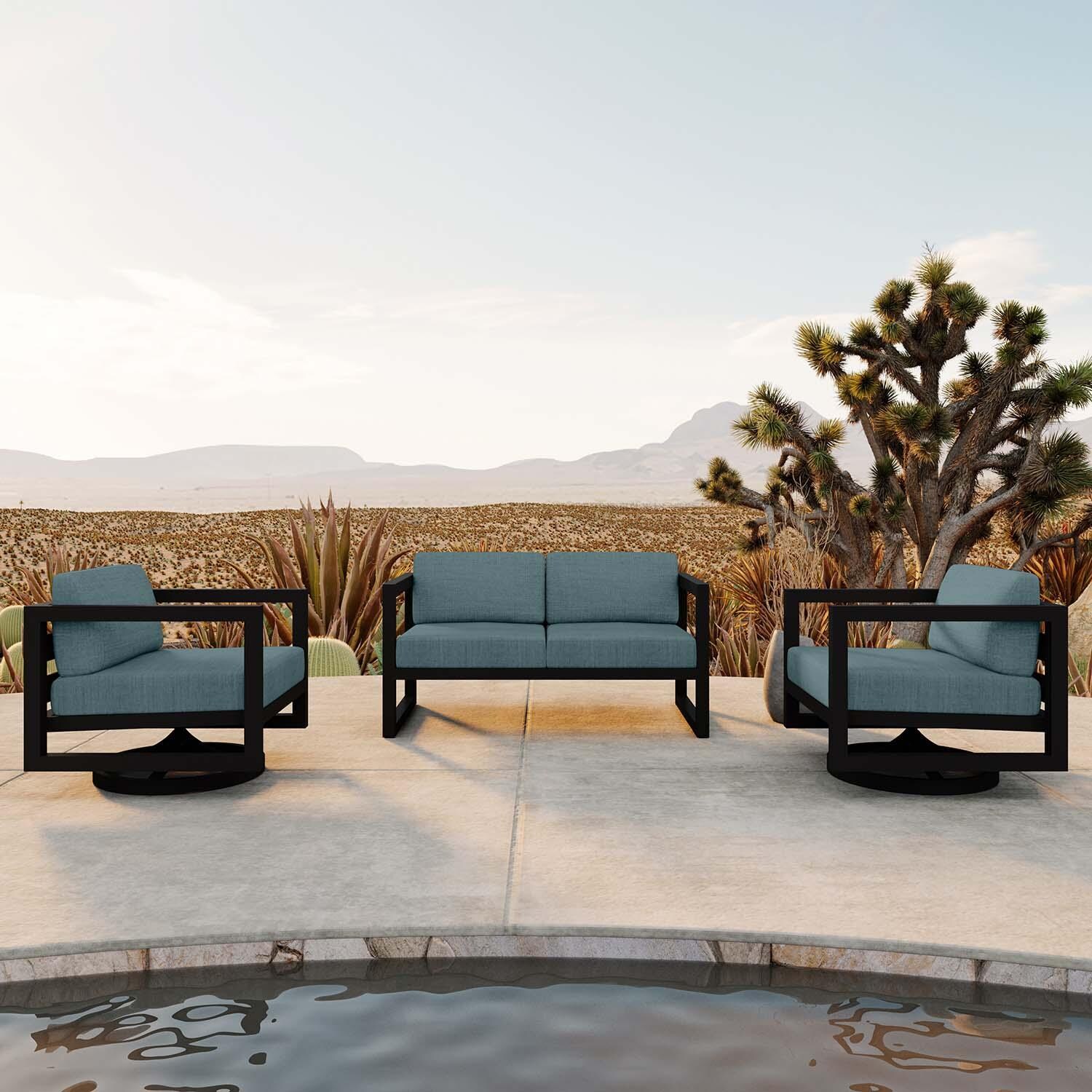 Misty Cove 3 Pc Aluminum Loveseat Seating Set w/ Swivel Chairs in Black ...